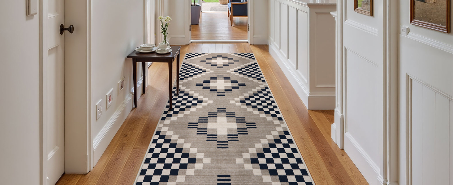 Amazon.com: Beeiva Boho Checkered Carpet Runners for Hallway 6ft, Black Non Slip Washable ...