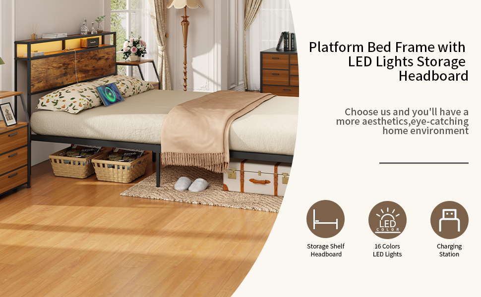 Amazon.com: Full Bed Frame with LED Lights,Industrial Storage Headboard ...