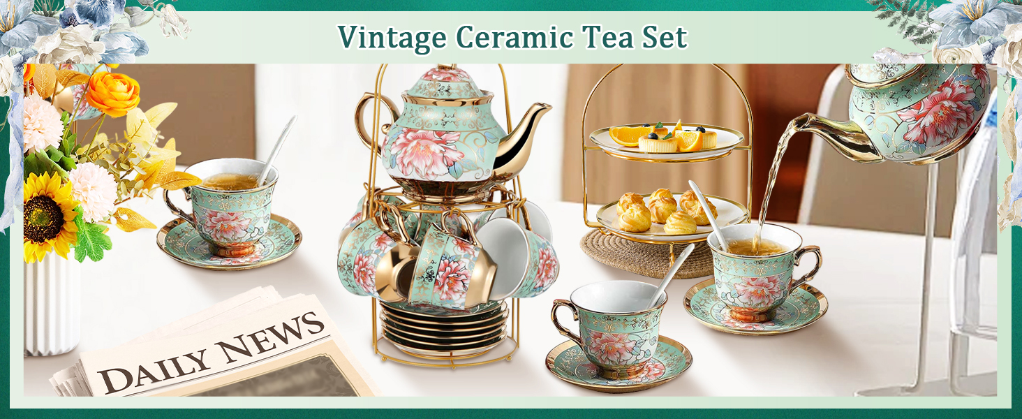 Tea Cup Set with Metal Holder and Saucer,20PCS European Ceramic Tea Sets for Adults,Flower Tea ...