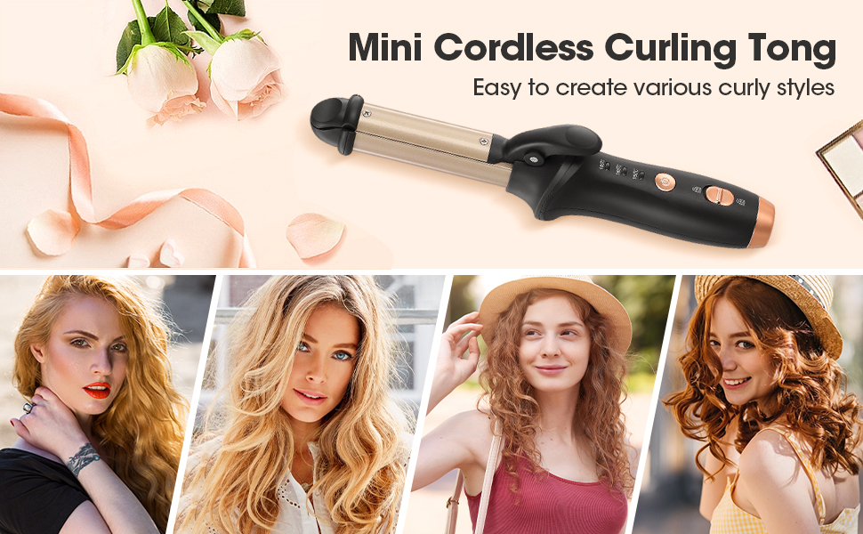 Cordless 2 in 1 Travel Mini Hair Curler and Straightener for Short Hair, Portable Curling Iron ...