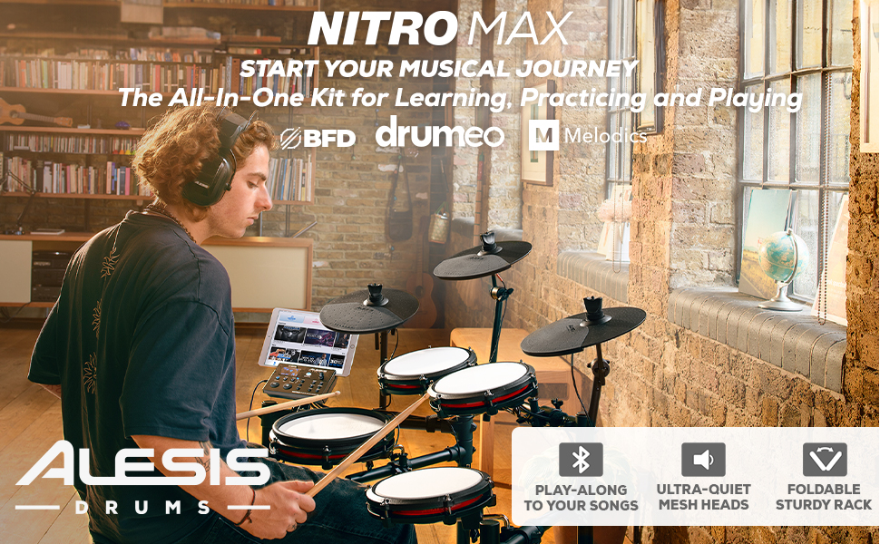 Alesis Nitro Max Kit Electric Drum Set with Quiet Mesh Pads, 10" Dual Zone Snare, Bluetooth, 440 ...