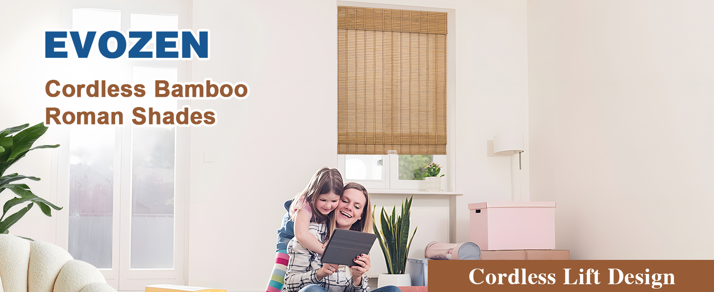 EVOZEN No Tool No Drill Custom Cordless Bamboo Blinds, Bamboo Roman ...