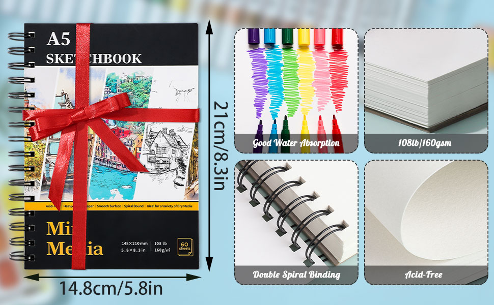 A5 Sketch Book, Mixed Media Sketchbook 60 Sheets / 120 Pages, 160GSM, Spiral Artist Sketch Pad ...