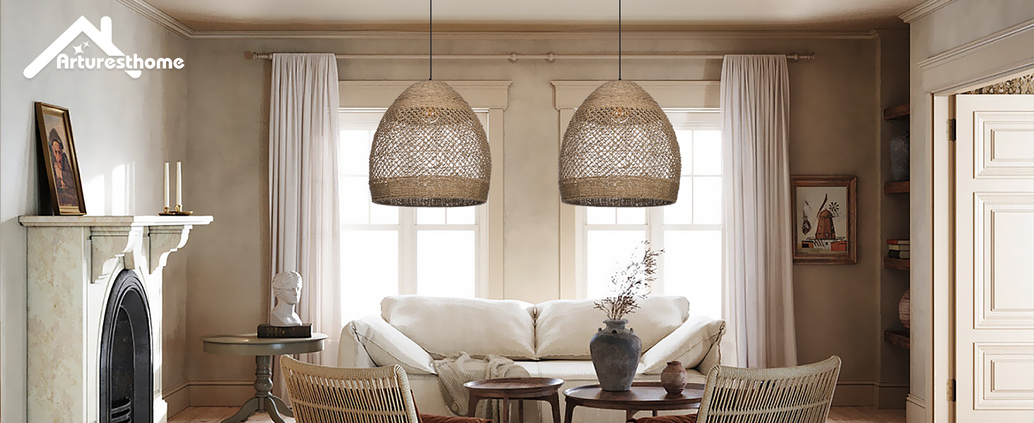 Arturesthome 19.6" Retro Rattan Woven Pendant Light Fixture, Chandelier ...
