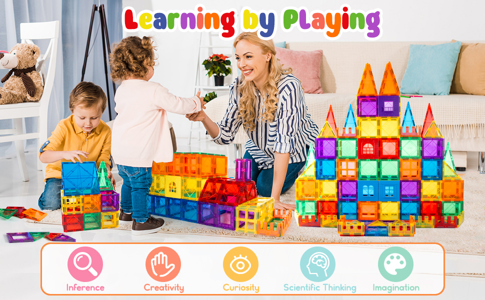 MagHub 100PCS Building Blocks Kids Magnetic Tiles, Clear 3D Magnets for Preschool Magnetic Toys ...