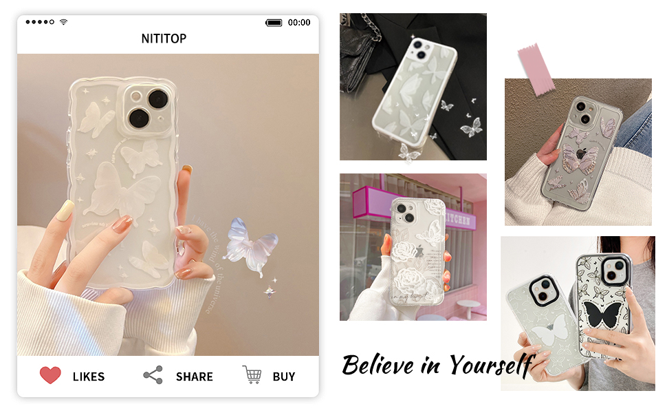 Amazon.com: NITITOP Compatible with iPhone 14 Case Clear Cute Purple Butterfly Pattern Design ...