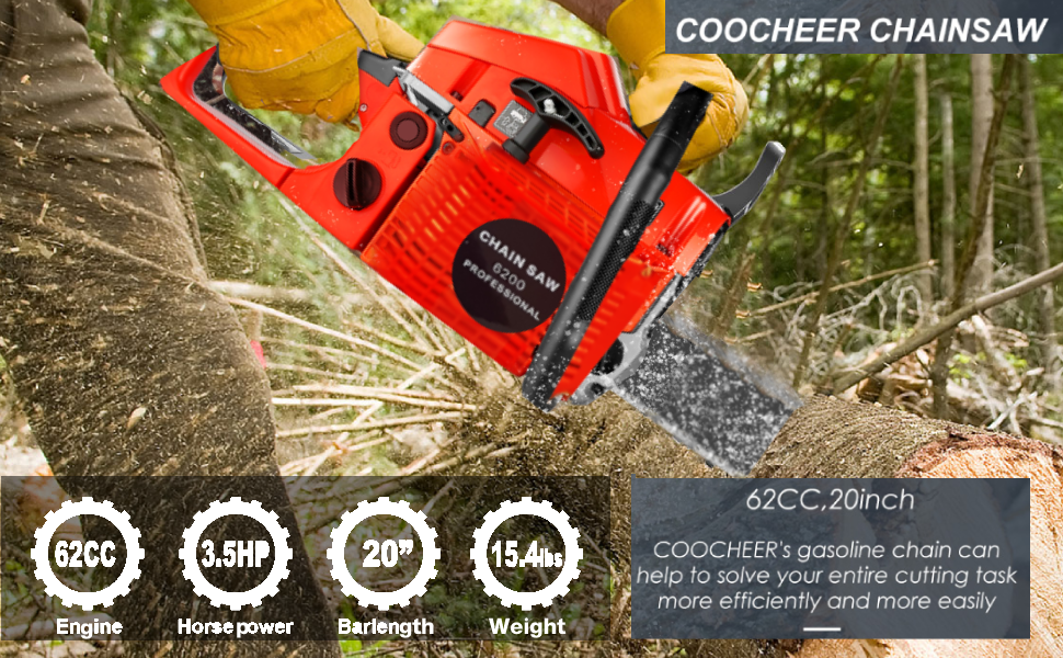 Amazon.com : COOCHEER Gas Chainsaw Powered 62CC, 3.5-HP 2-Cycle Gas Chainsaw 20 Inch with Tool ...