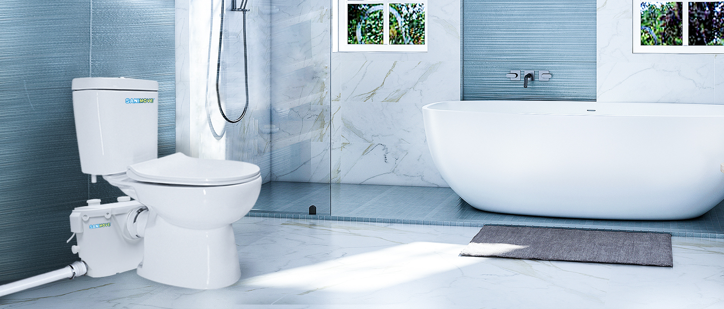 Sanimove 500W Macerator Pump Toilet Three Piece Round Bowl Toilet with Macerating Pump ...