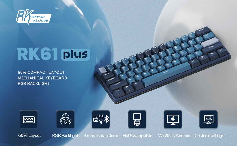 RK ROYAL KLUDGE RK61 Plus Mechanical Keyboard, 60% RGB Gaming Keyboard US Layout with USB Hub ...