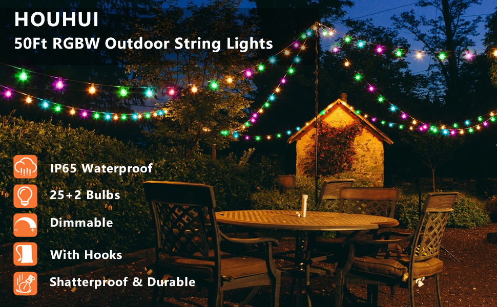 HOUHUI Outdoor String Lights, 50Ft G40 Warm White & RGB Multi-Color ...