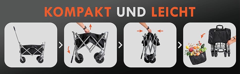 KENLUCK Mini Bollerwagen faltbar mit Tasche zum Organiser & Einkaufen, klabbarer Transportwagen ...
