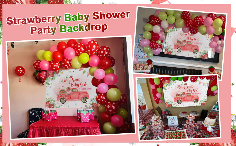 Amazon.com : Mocsicka Strawberry Baby Shower Backdrop for Girl A Berry Sweet Baby Girl is On Her ...
