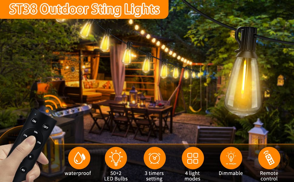 Outdoor String Lights LED 100FT Patio Lights for Outside with Remote, 52 Shatterproof Waterproof ...
