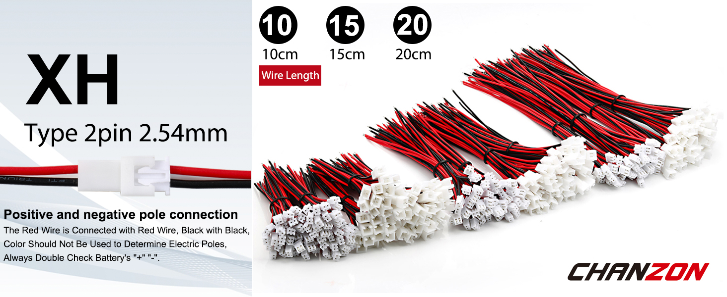 Amazon.com: Chanzon 30 Pairs Jst-XH 2.54mm Pitch 22AWG 2 Pin Plug Connector with 3.94inch(10cm ...