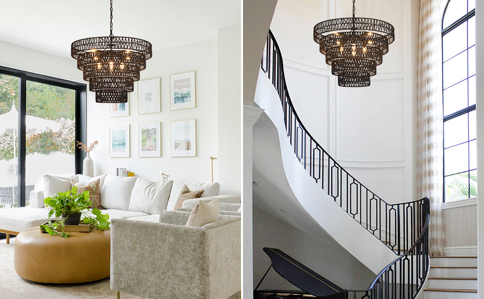 Amazon.com: Widluth 25.6" Black Hand-Woven Rattan Chandelier - Vintage ...