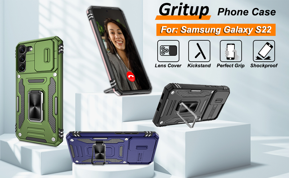 Amazon.com: Gritup for Samsung Galaxy S22 Case with 2-Pack HD Screen Protectors and Slide Camera ...