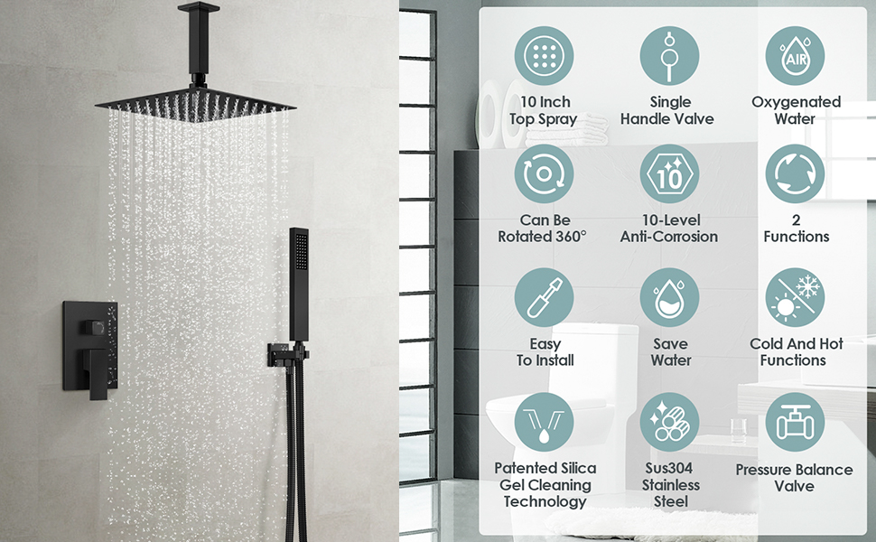 EVERSTEIN Shower Faucet Set Complete: Shower System 10 Inches Rain Shower Head with Handheld ...