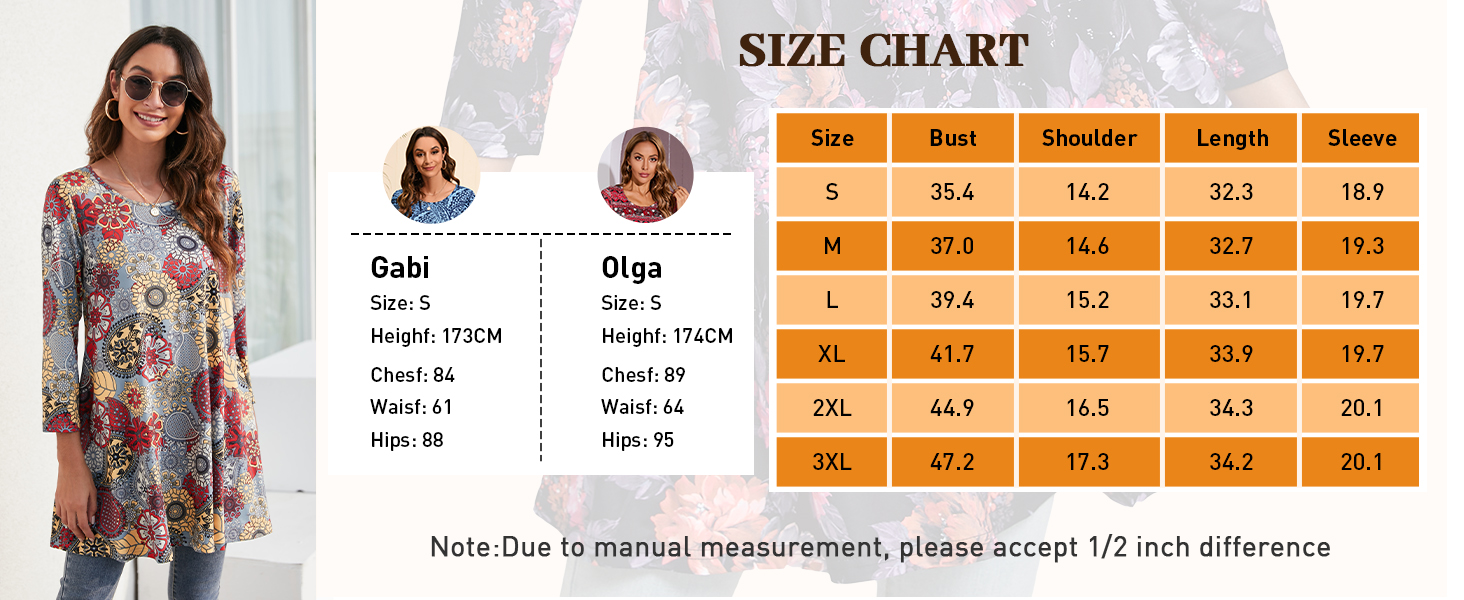 Enmain Womens Tunic Top 3/4 Long Sleeve Tunics for Women UK Plus Size Round Neck Longline Tops ...