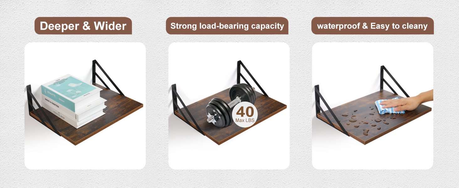 Amazon.com: Tectocker-DOU 2 Pc Deep Floating Shelves ; 12 Inch Deep Wall Mounted Hanging Shelves ...