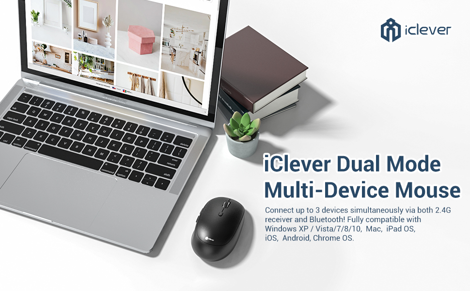 Wireless Mouse, iClever MD165 Dual Mode Wireless Mouse, Bluetooth Type-C Rechargeable Mouse, 2 ...