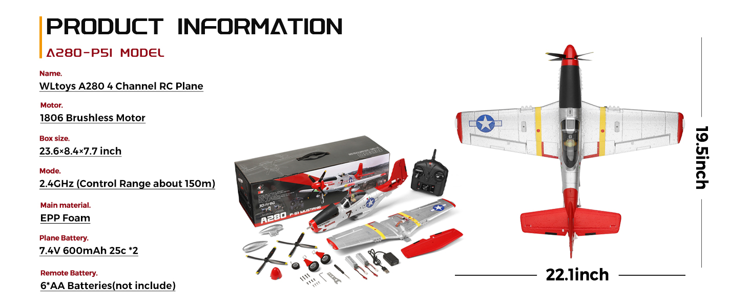 Amazon.com: CKYSCHN WLtoys XK A280 RC Airplane, P51 Mustang 4 Channel RC Plane with Lights, 6G ...