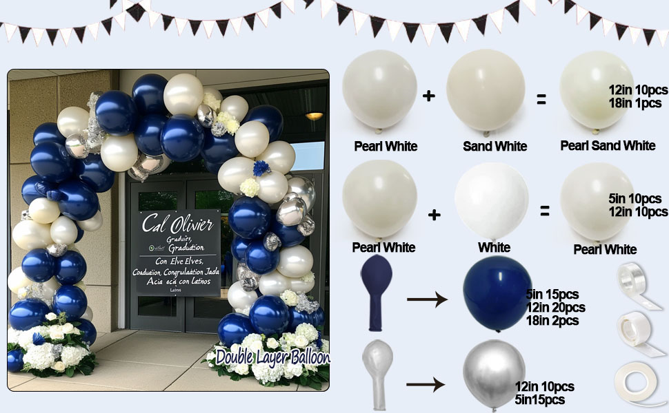 Amazon.com: Navy Blue White Balloon Garland Double Stuffed Dark Blue White Sand Pearl Balloon ...