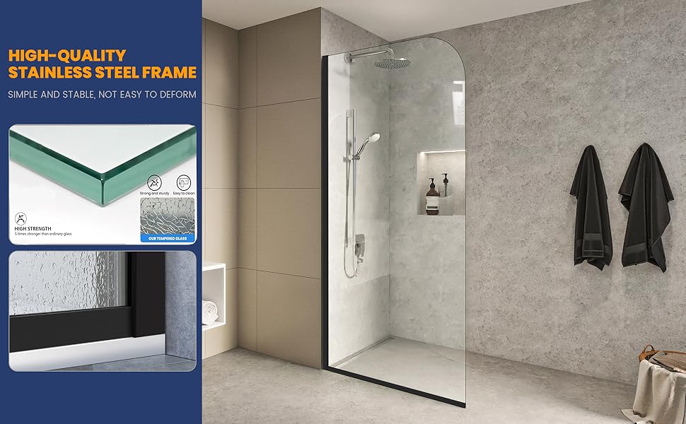 Glass Shower Panel, 34" W x 74" H Semi-Framed Fixed Shower Glass Panel in Matte Black with 5/16 ...