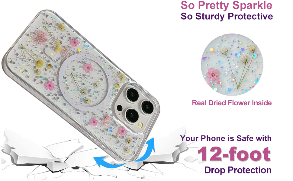 Amazon.com: ASONCE Cute Real Flowers for iPhone 16 Pro Case [Compatible with MagSafe] Glitter ...