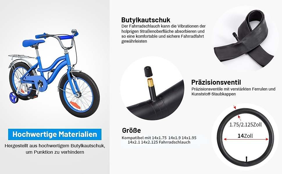 YunSCM 2Pcs Verdickter 45/57-254 14 Zoll Schlauch 14x1.75/1.95/2.25 AV32mm Ventil kompatibel 14 ...