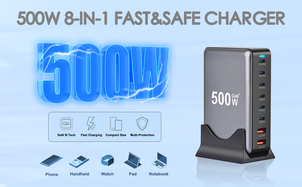 Amazon.com: 500W USB C Fast Charger Block, 8 Port Charging Station, GaN Ⅲ Multi Port Charging ...