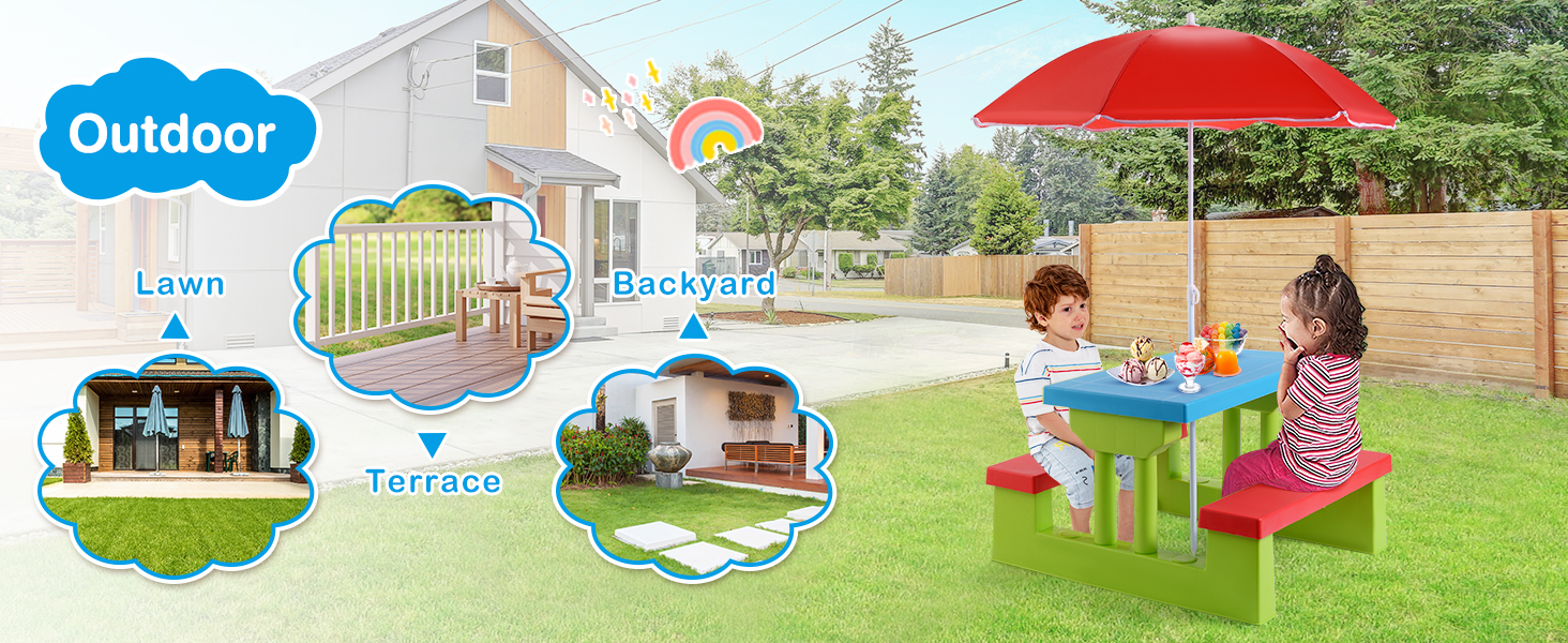 DORTALA Kids Picnic Table, Outdoor Toddler Table and Bench Set with Removable Umbrella, Plastic ...