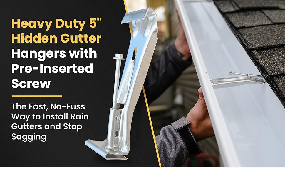 Hidden Gutter Hangers 5 Inch with a Pre-Inserted Rust Resistant Screw - Heavy Duty Rain Gutter ...