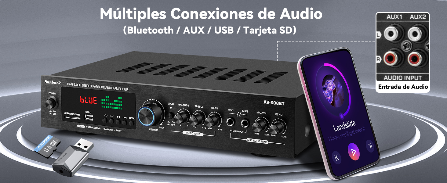 Amplificador de Audio para Casa de 5 Canales RSM 200W*2 para Bocinas de 5-10 Pulgadas, Bluetooth ...