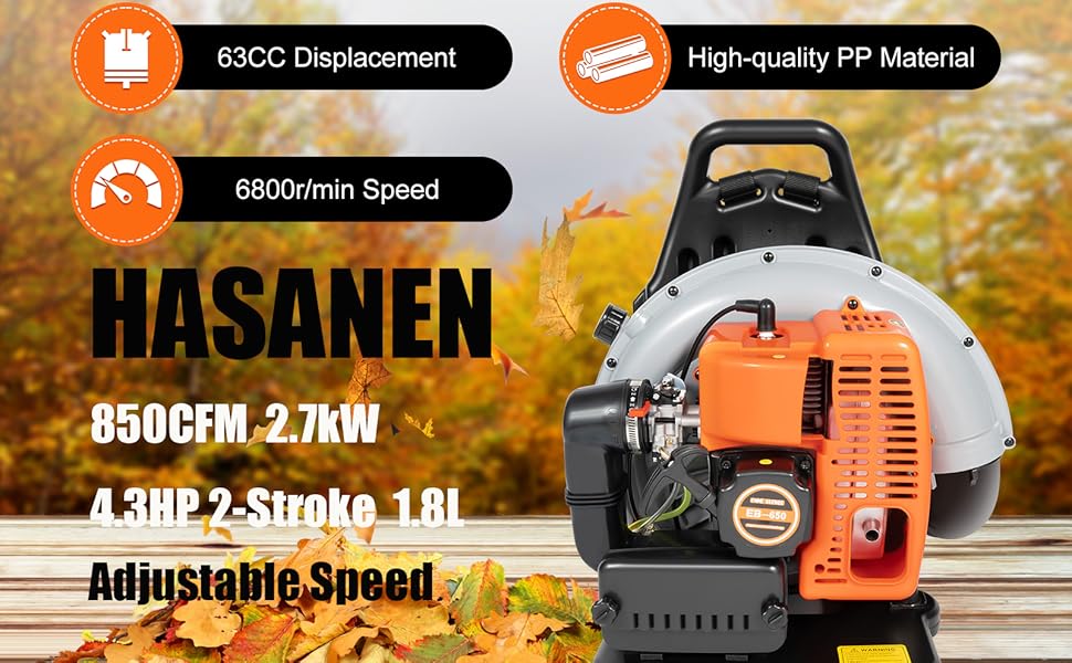 Amazon.com: 63CC Backpack Gas Powered Leaf Blower, Commercial 2.7kW 850CFM 4.3HP 2-Stroke ...