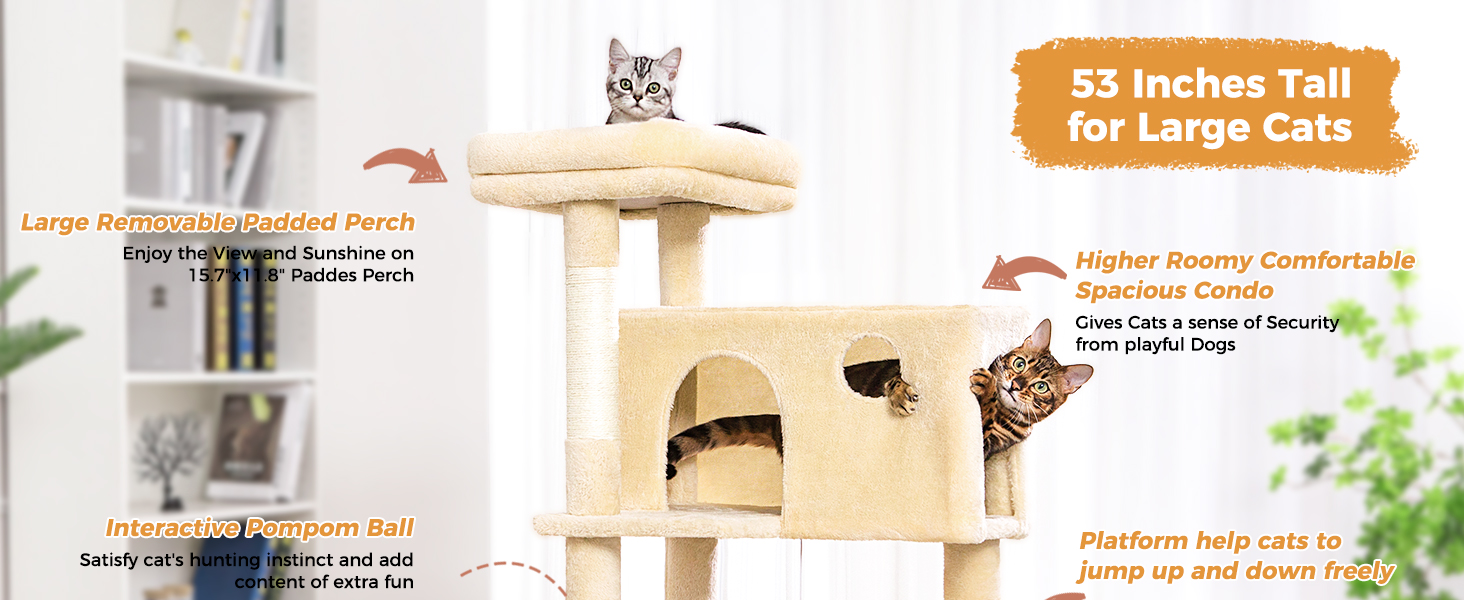 Amazon.com : Meow Sir Cat Tree for Large Cats 53 Inches Tall Cat Tower with Large Hammock 21 ...