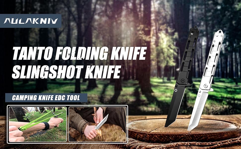 Amazon.com : AULAKNIV Cool EDC Tanto Folding Pocket Knife with Clip, Sheath, Slingshot, Tactical ...