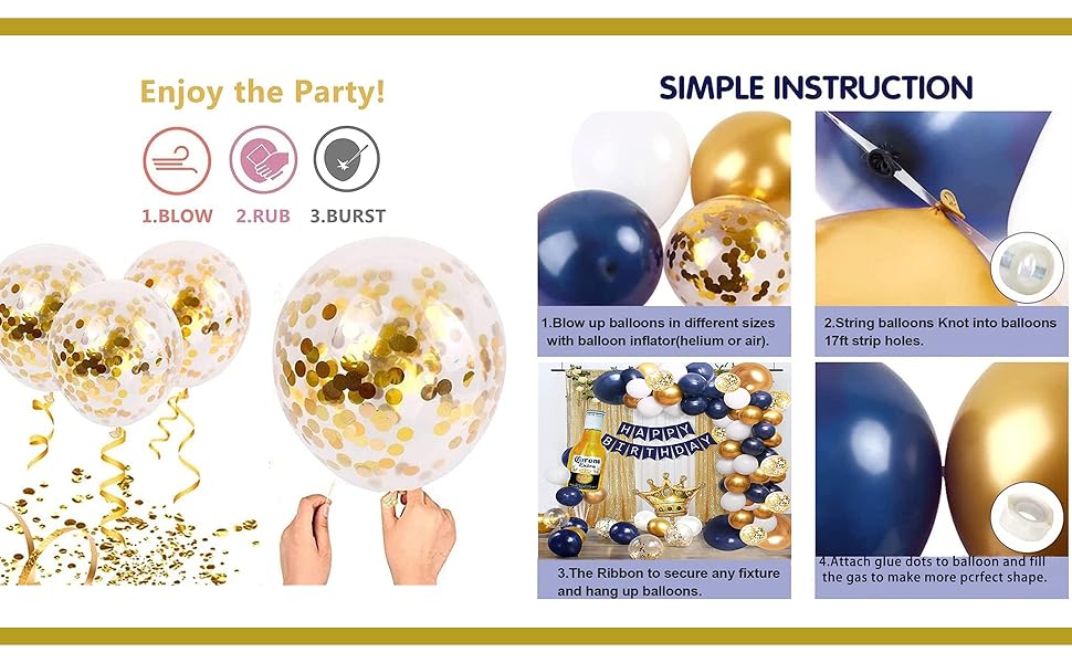 Navy Blue Gold Balloon Arch Kit, Navy Blue White Metallic Gold Latex Balloons, Gold Confetti and ...