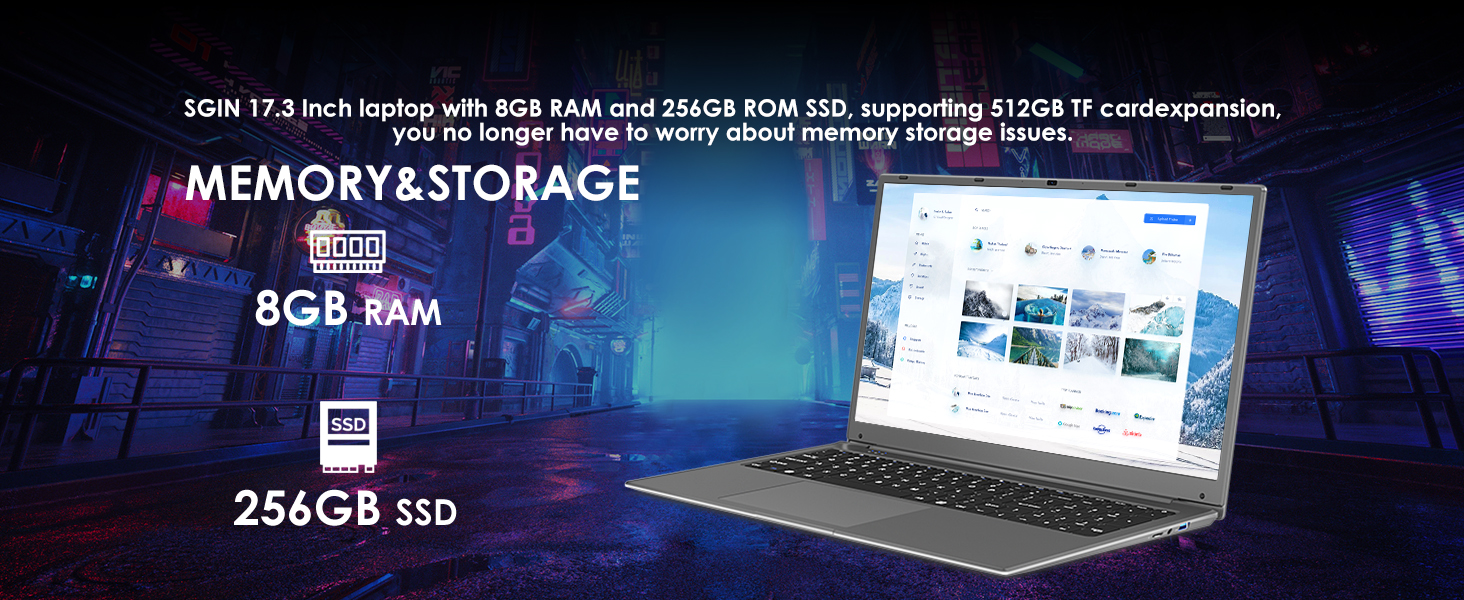 SGIN Laptop 17.3 Inch 8GB RAM 256GB SSD, Laptop Windows 11 Celeron Quad-Core Processor Up to 2 ...