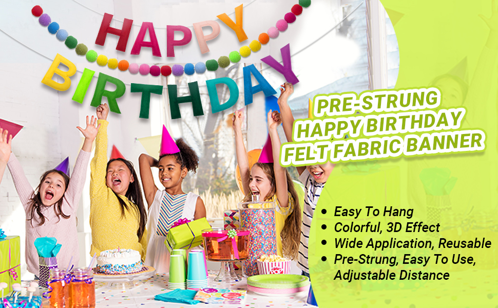 Amazon.com: Pre Strung Happy Birthday Banner, Felt Ball Garland Happy ...