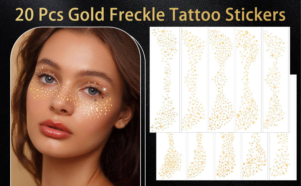 Amazon.com : JUNEBRUSHS Glitter Freckles Face Tattoo, 20 Sheets Gold Glow Up Face Makeup ...