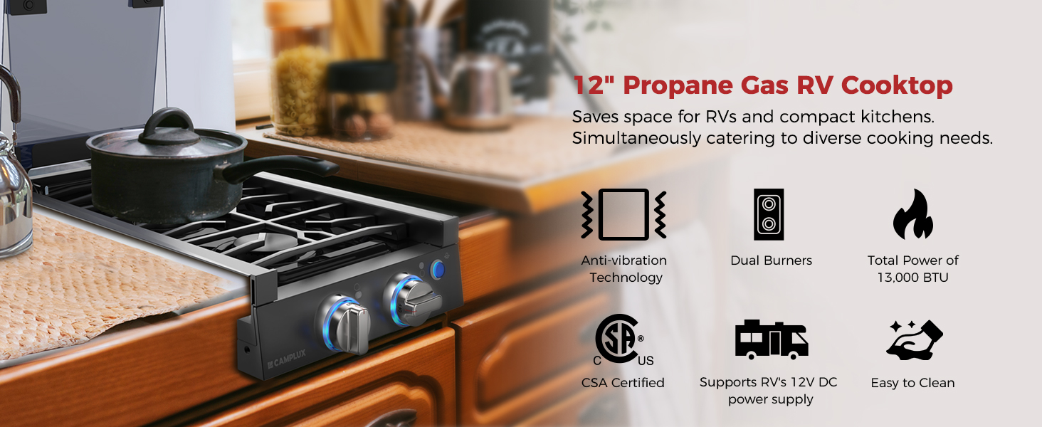 Amazon.com: CAMPLUX RV Cooktop 2 Burners Slide-in, Propane Cooktop Stove with Tempered Glass ...