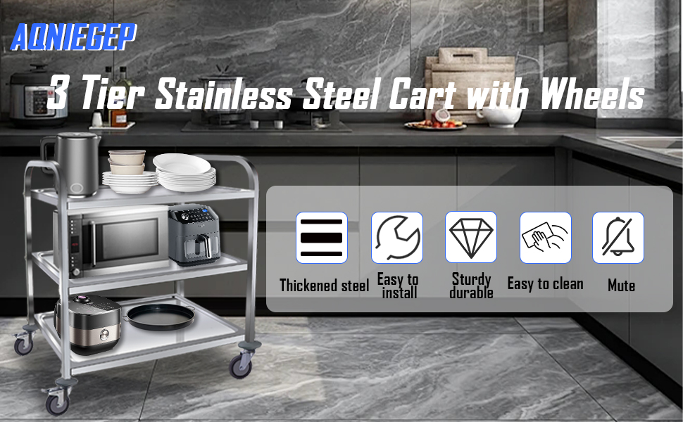 Amazon.com: AQNIEGEP Stainless Steel Utility Cart, 3-Tier Heavy-Duty Kitchen Cart with Lockable ...