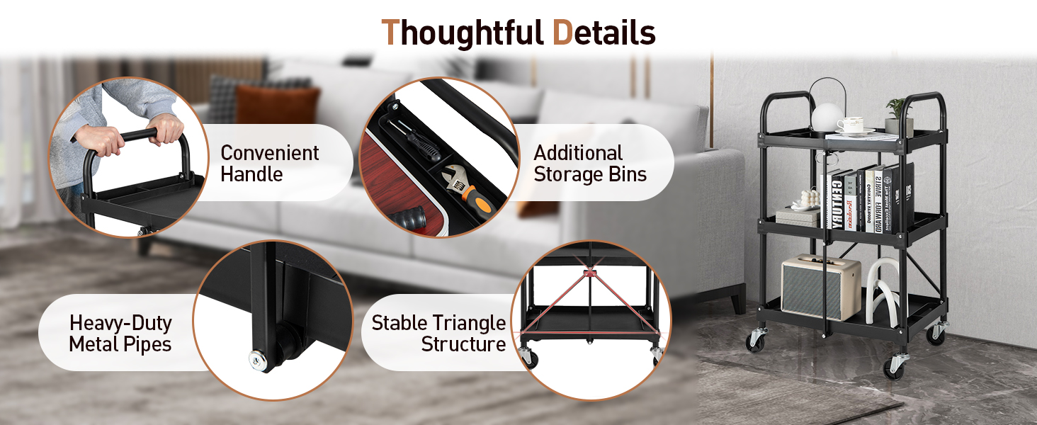 COSTWAY 3 Tiers Folding Tool Trolley, Rolling Metal Service Cart with Lockable Wheels, Tool ...