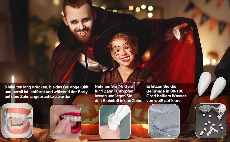 RUIXUE® 10 Piece Vampire Teeth Set,4 Sizes Fangs,3 Piece Halloween tattoos,with 2 Tube Teeth ...