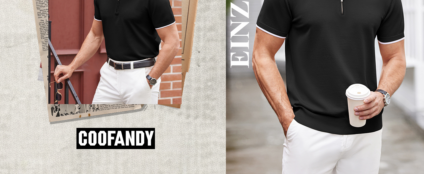 COOFANDY Mens Zipper Casual Stripe Knit Polo T Shirt Lightweight Moisture Wicking Golf, Black ...