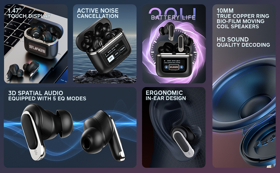 SURGE Wireless Earbuds, Bluetooth 5.3 Headphones In Ear, Touch Screen ...