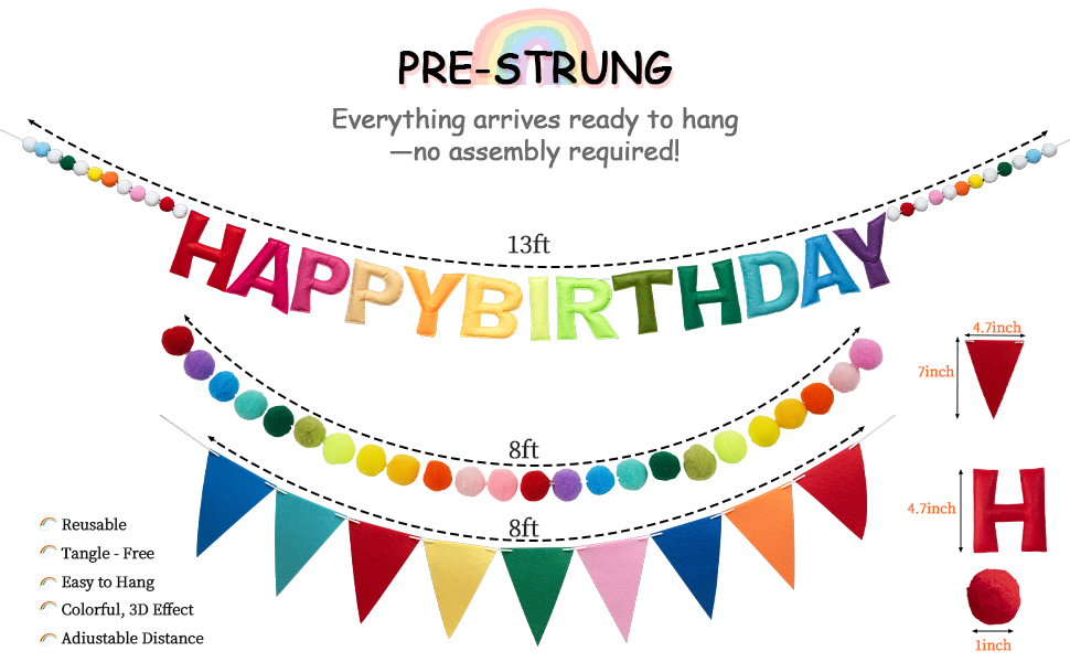 Amazon.com: Colorful Happy Birthday Felt Banner, Pre-Strung Rainbow ...