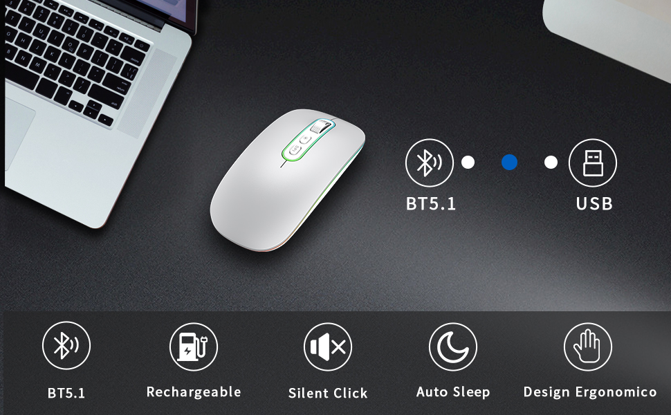 LED Wireless Mouse, Slim Rechargeable Bluetooth Mouse, Portable Silent ...
