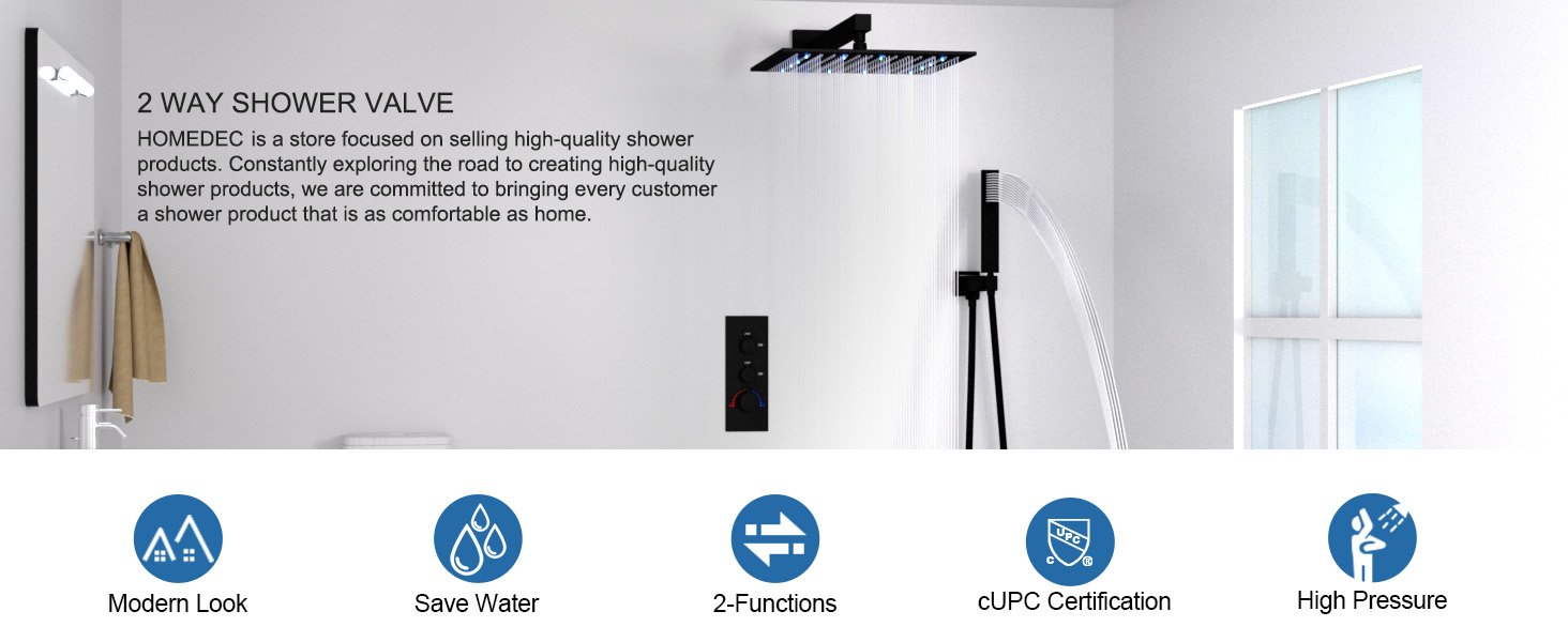 HOMEDEC Brushed Nickel 2 Way Shower Diverter Valve, Brass Dual Functions Thermostatic Shower ...