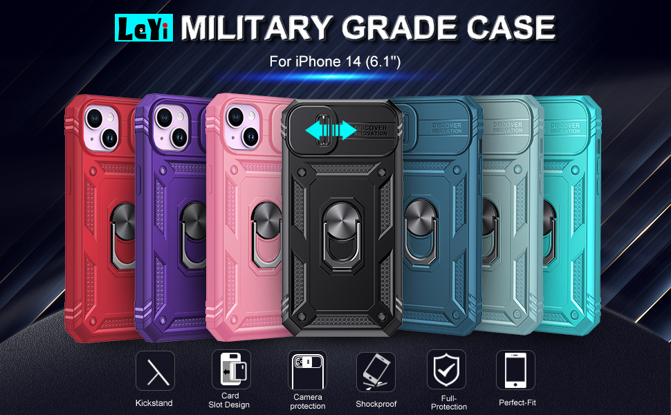 LeYi for iPhone 14 6.1'' Case with Camera Cover Slider, 360° Full Body Armour Military ...